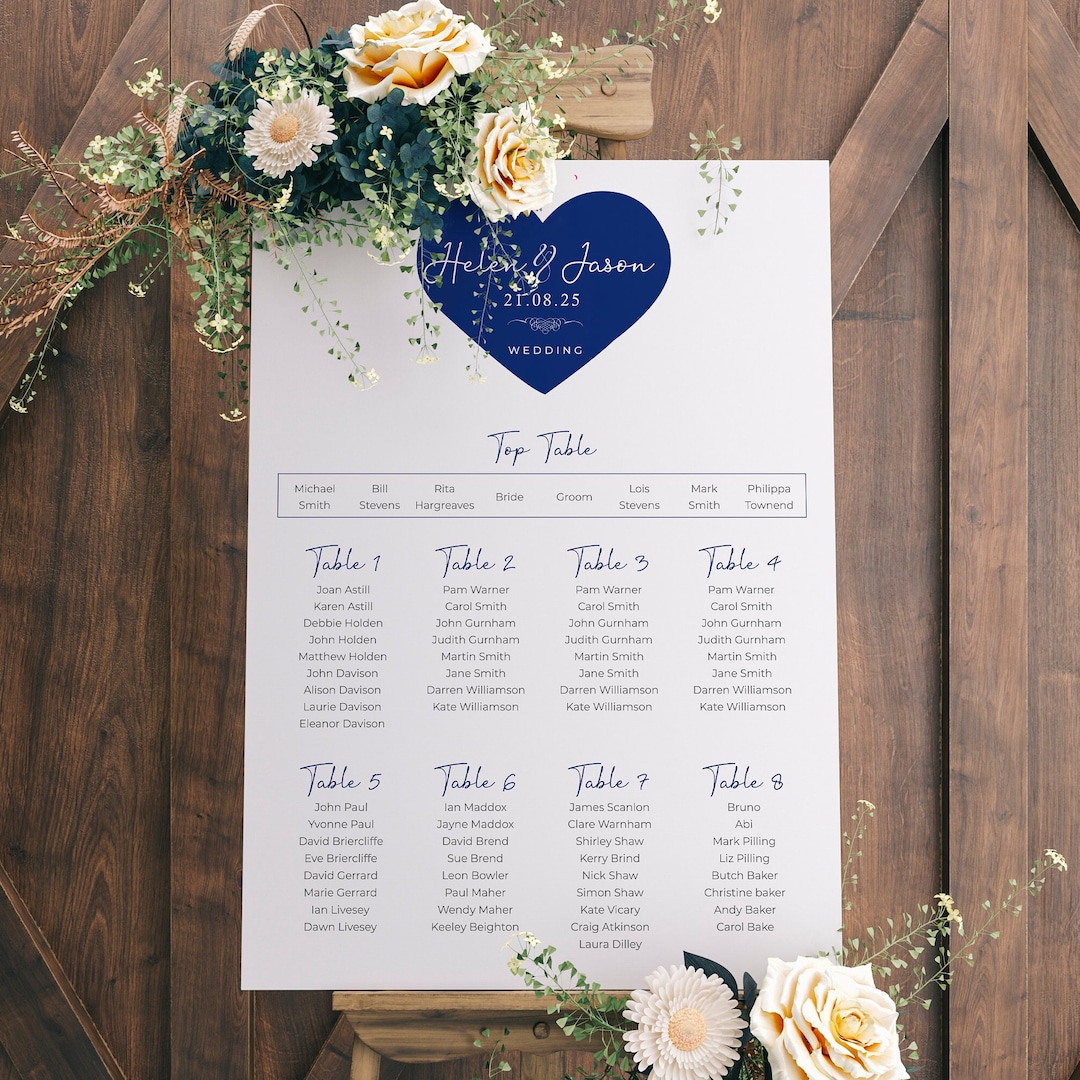 Heart Table Plan in Any Colour, Wedding Seating Chart, A1 or A2 - Etsy