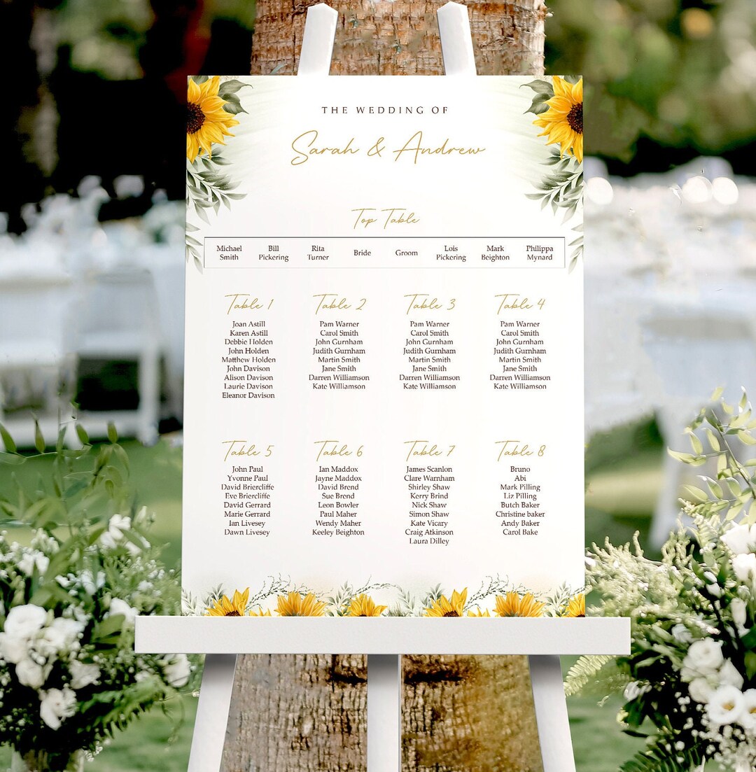 Sunflower Wedding Seating Chart, A1, A2 Personalised Wedding Table Plan ...