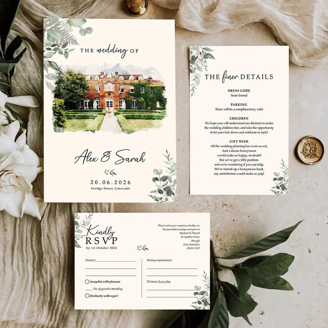 Venue Wedding Invitations With Envelopes, Watercolour Wedding Venue ...