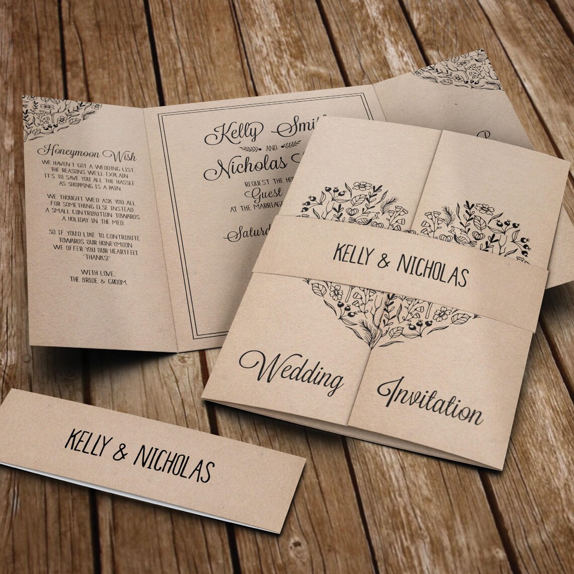 Rustic Heart Wedding Invitation Set With Envelopes + Bellyband ...
