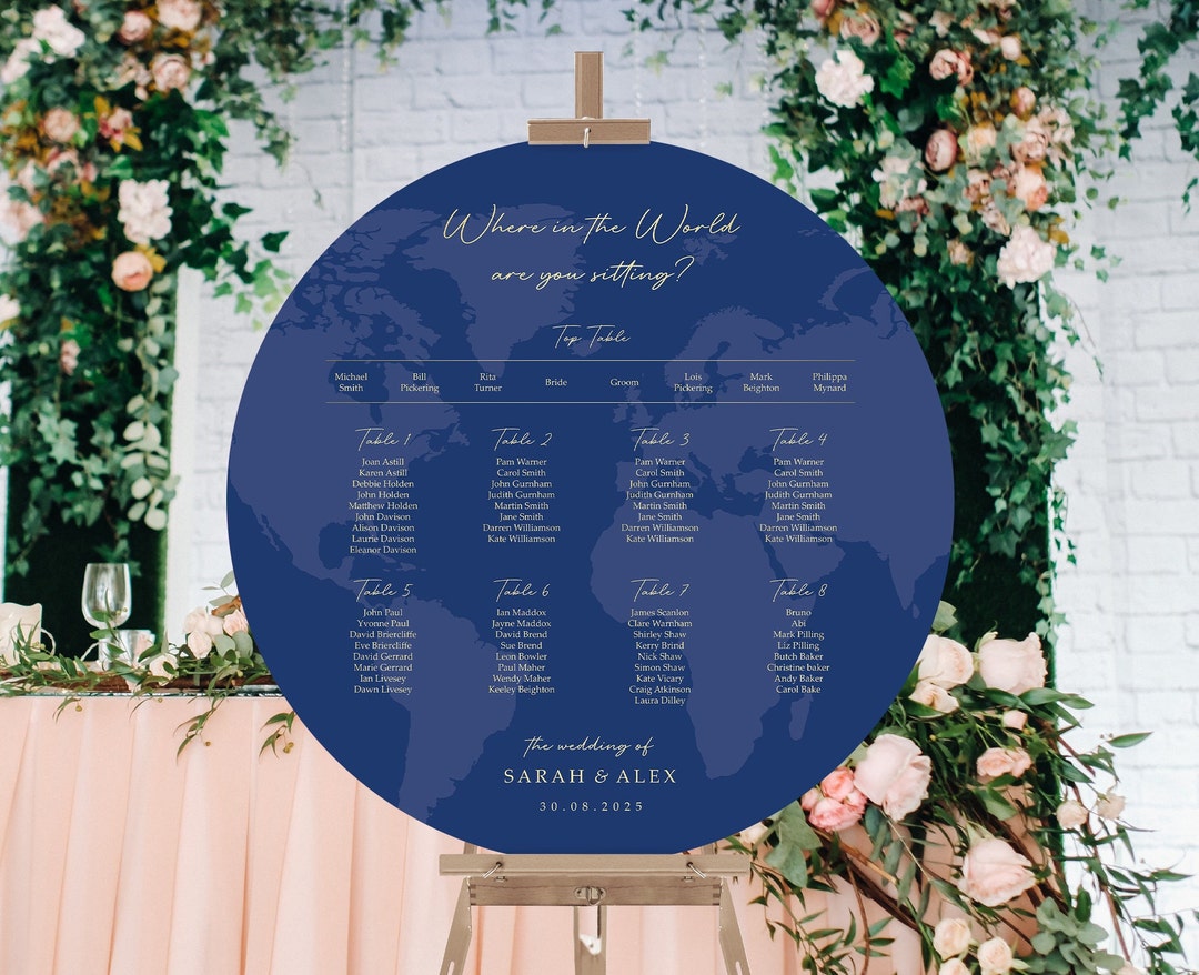 World Map Table Plan in Any Colour, 80cm X 80cm, Circle Travel Globe Map Seating Planner ...