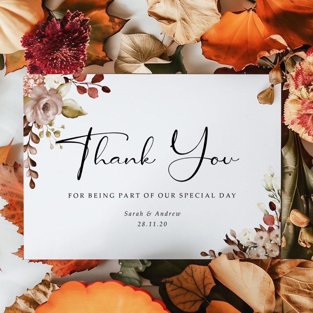 Autumn Fall Wedding Thank You Cards With Envelopes, Orange Boho Florals ...