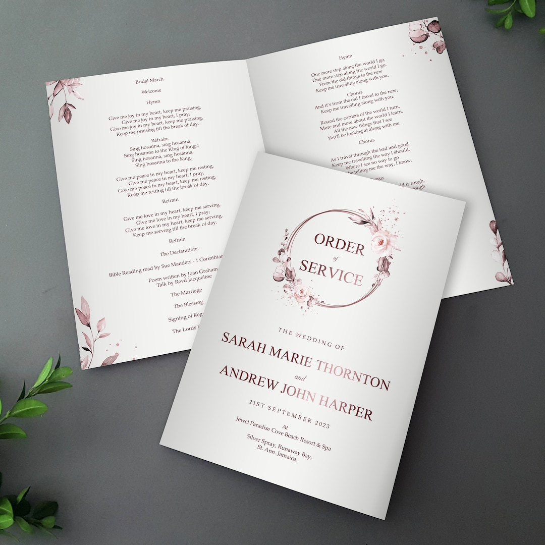 Rose Gold Order of Service for Weddings | Order of the Day | A4 Folded ...