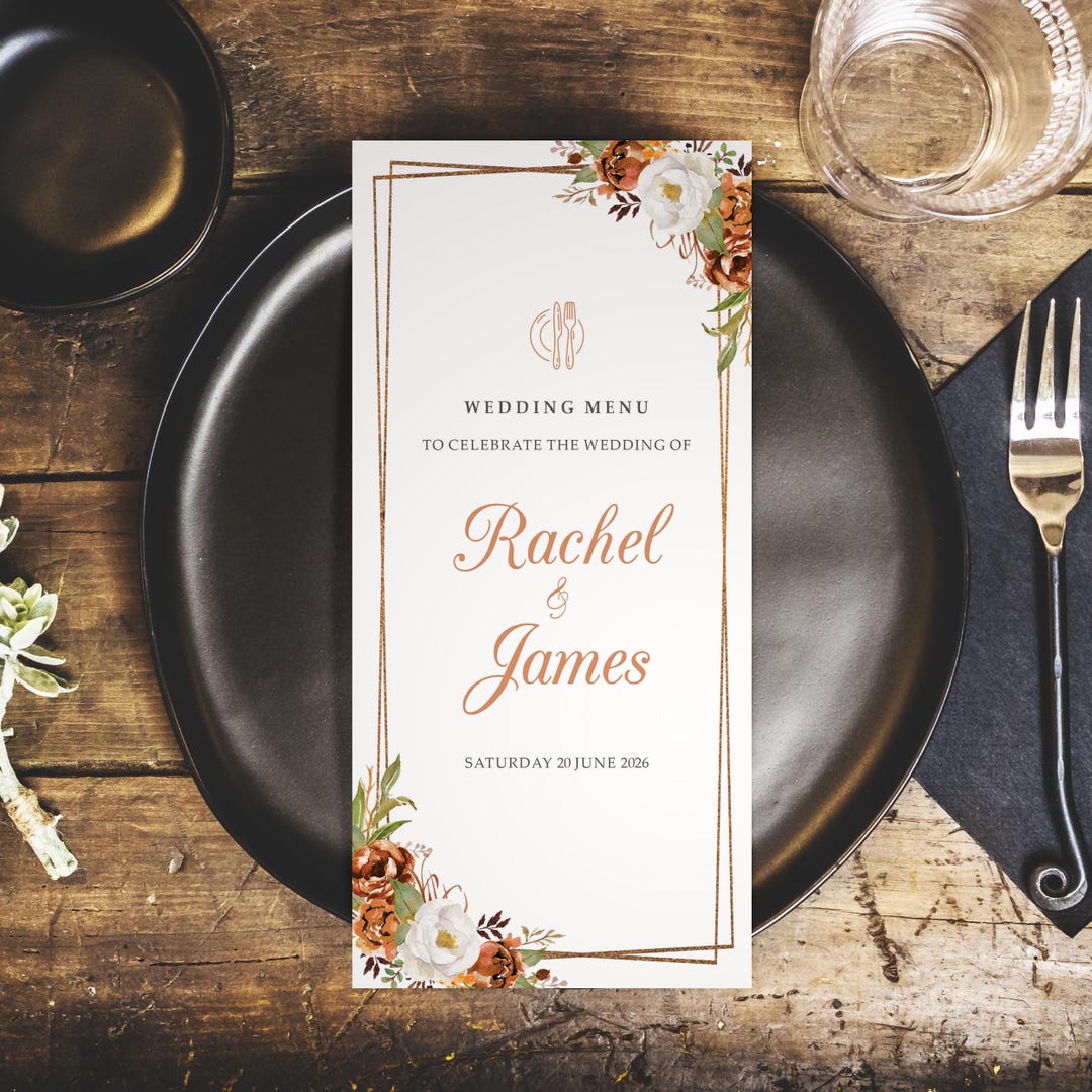 Autumn Floral Wedding Menus - Copper Border Personalised Wedding Menus ...