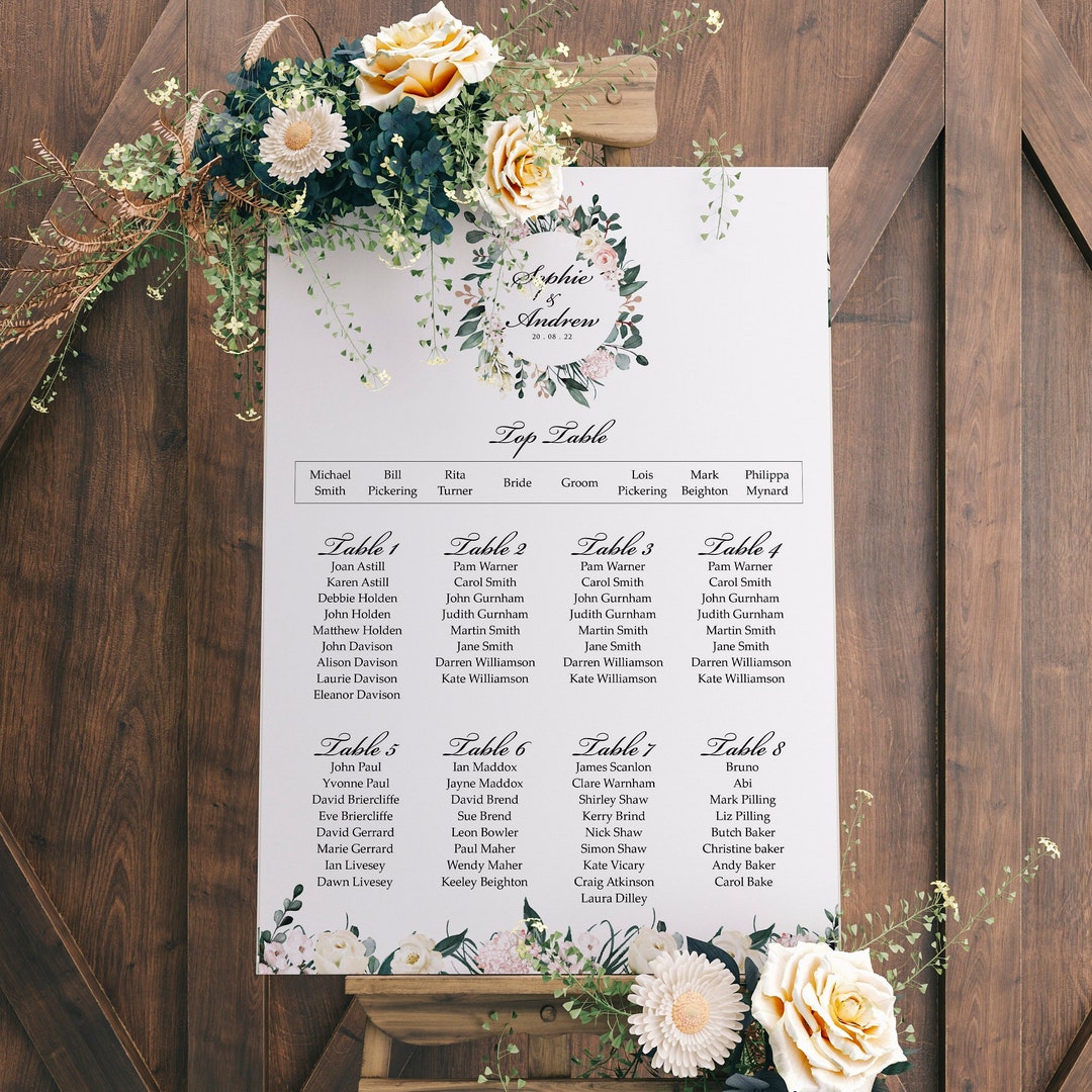 Wild Floral Wedding Seating Chart, A1, A2 Personalised Wedding Table ...