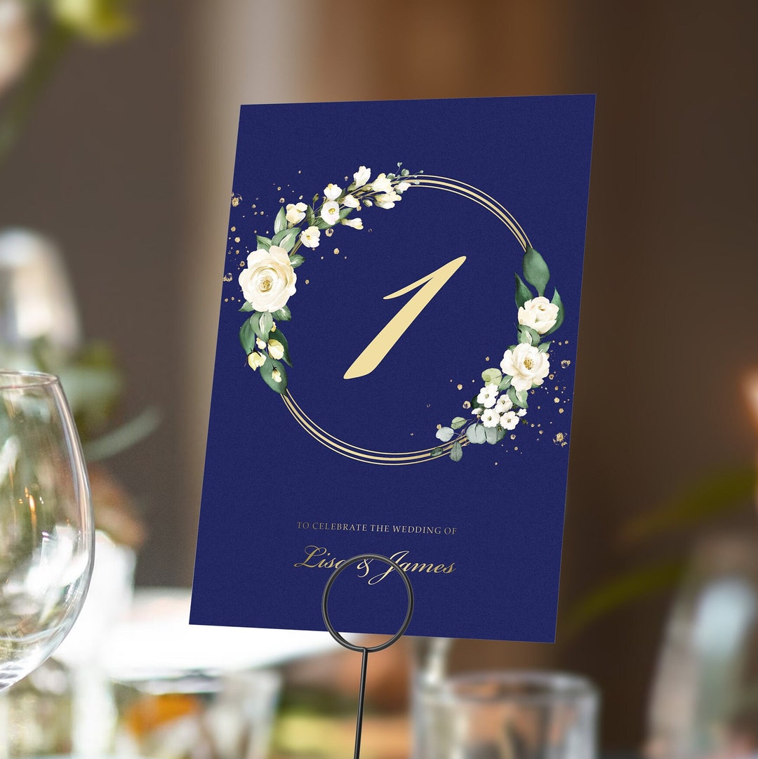 Blue & Gold White Floral Table Numbers or Table Names | Any Colour Font ...