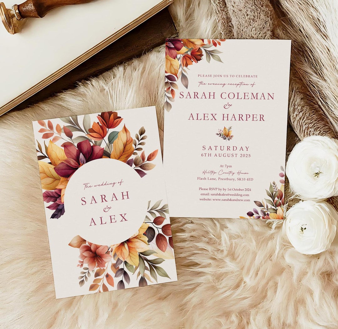 Autumn Fall Wedding Invitations, Burgundy & Orange Foliage Wedding ...