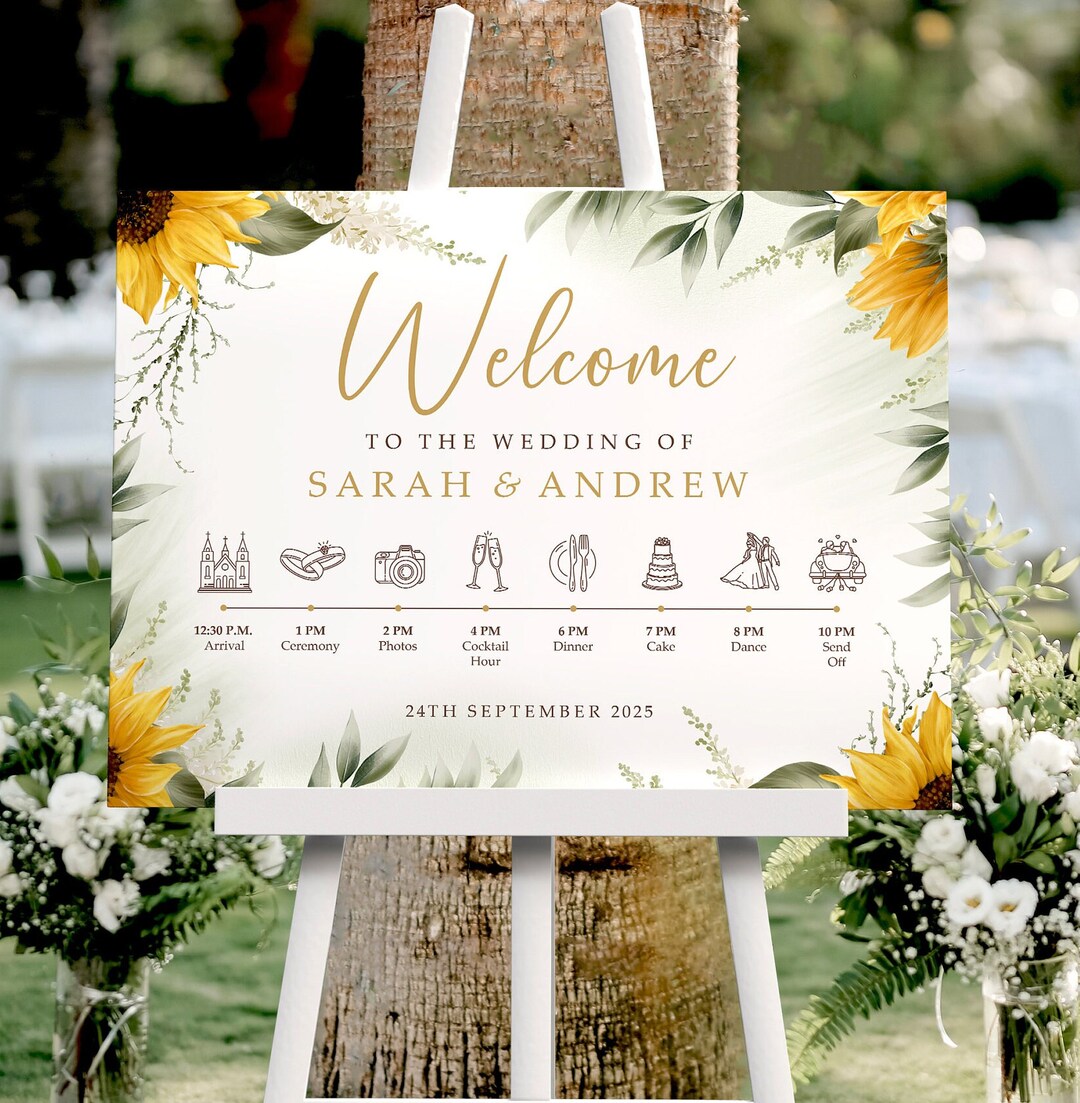 Sunflower Order of the Day Wedding Welcome Sign in Any Colour, A1, A2 ...