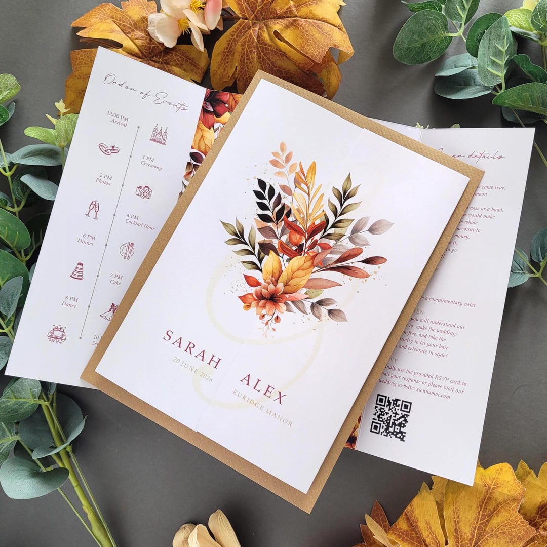 Autumn Wedding Invitations With FREE Envelopes | Burgundy Orange ...