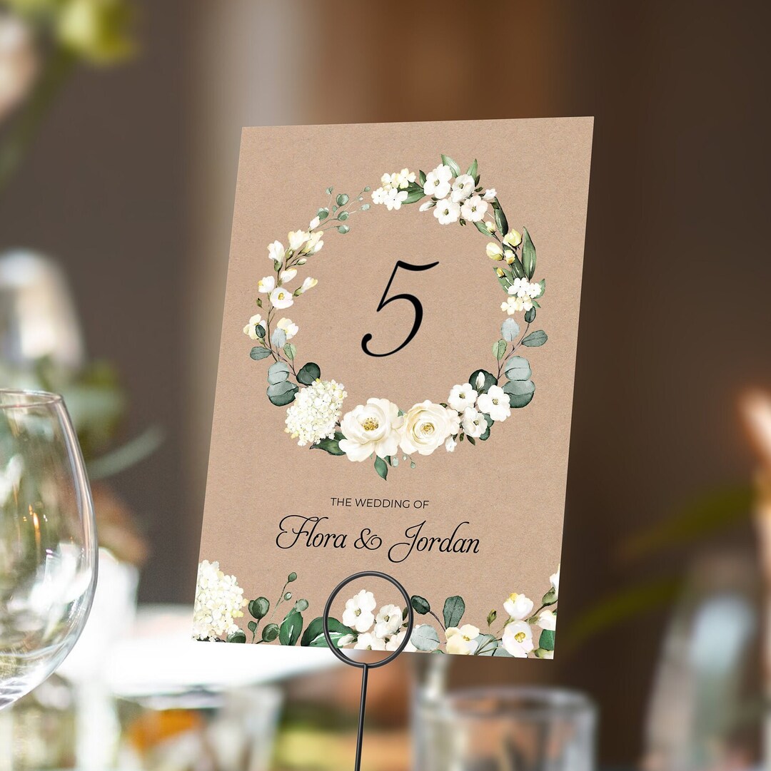 White Floral Kraft Table Numbers or Table Names | Any Colour Font | A5 ...
