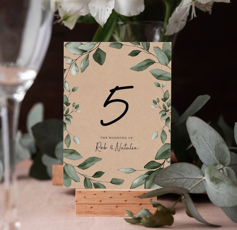 Eucalyptus Kraft Greenery Table Numbers or Table Names | Any Colour ...
