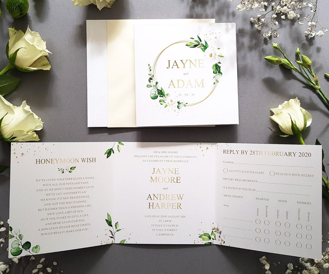 Gold Wedding Invitation Set With Envelopes Featuring White Floral ...
