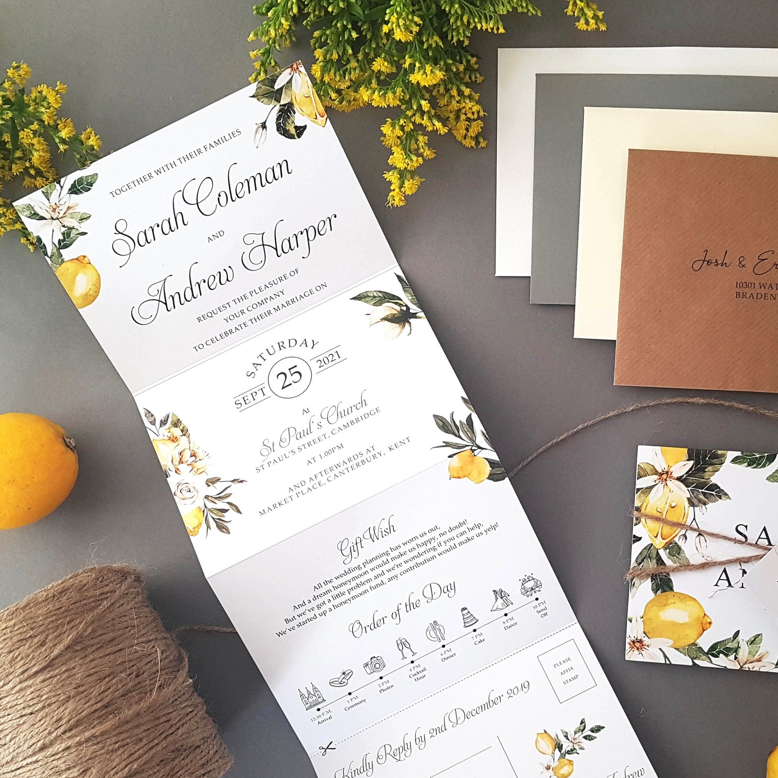 Lemon Wedding Invitation Set Concertina Trifold Wedding Invites With ...