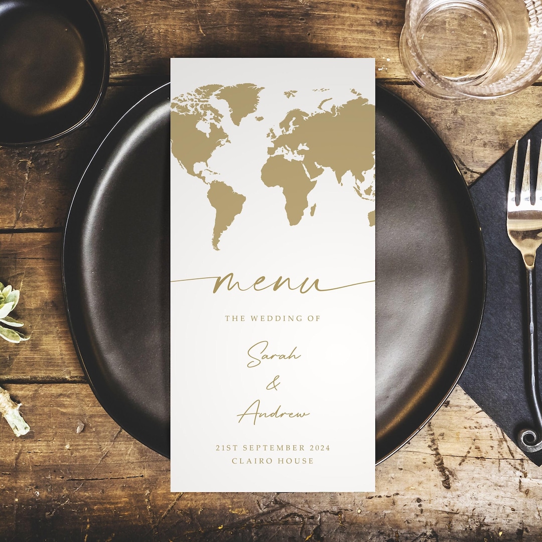 World Map Personalised Wedding Menus - DL Size Menus - Passport Wedding ...