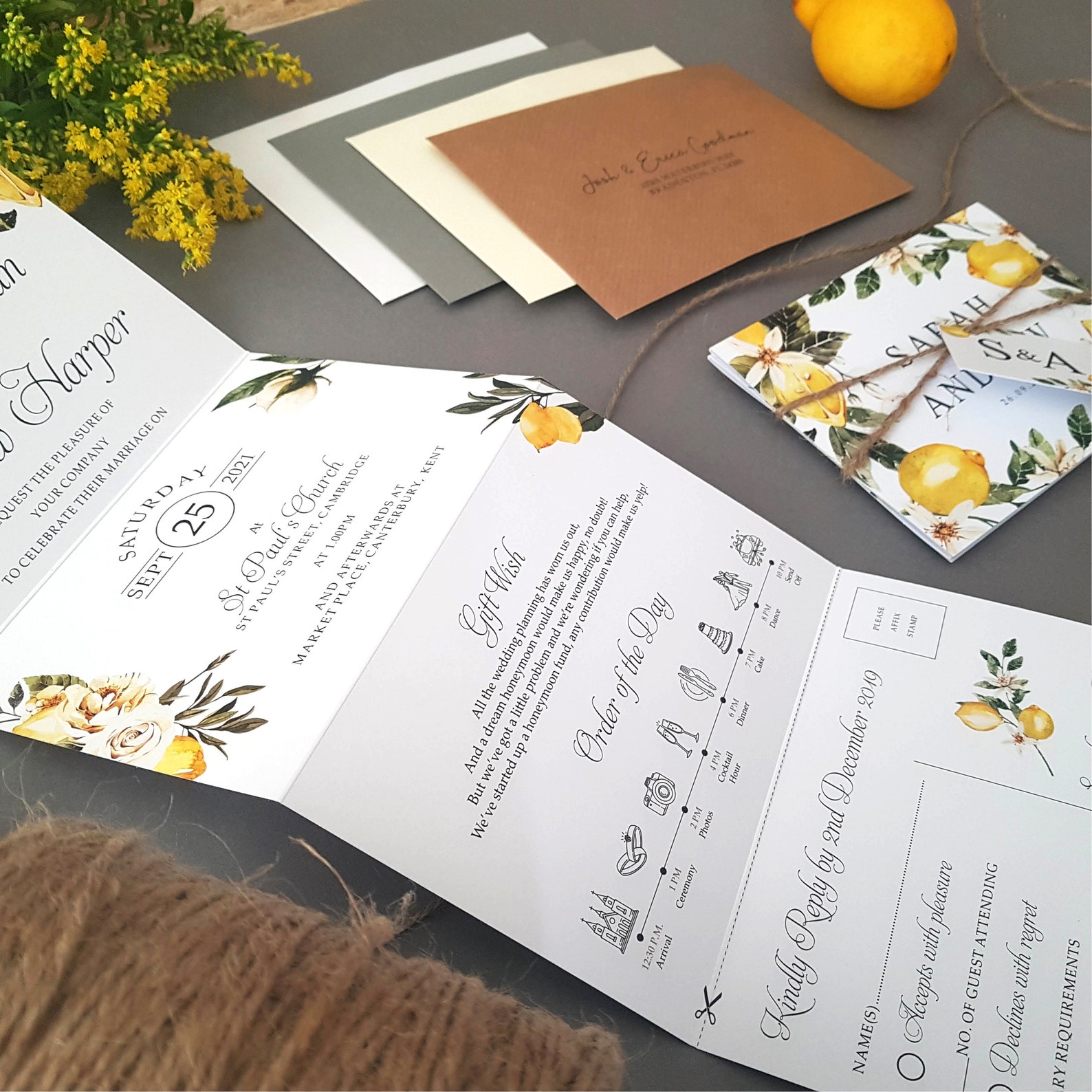 Lemon Wedding Invitation Set Concertina Trifold Wedding Invites With ...