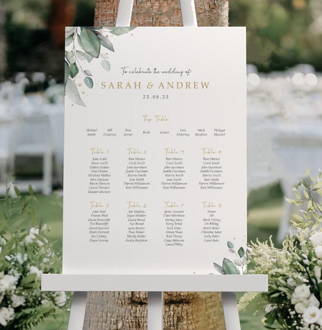 Eucalyptus Green Gold Wedding Seating Chart, A1, A2 Personalised ...
