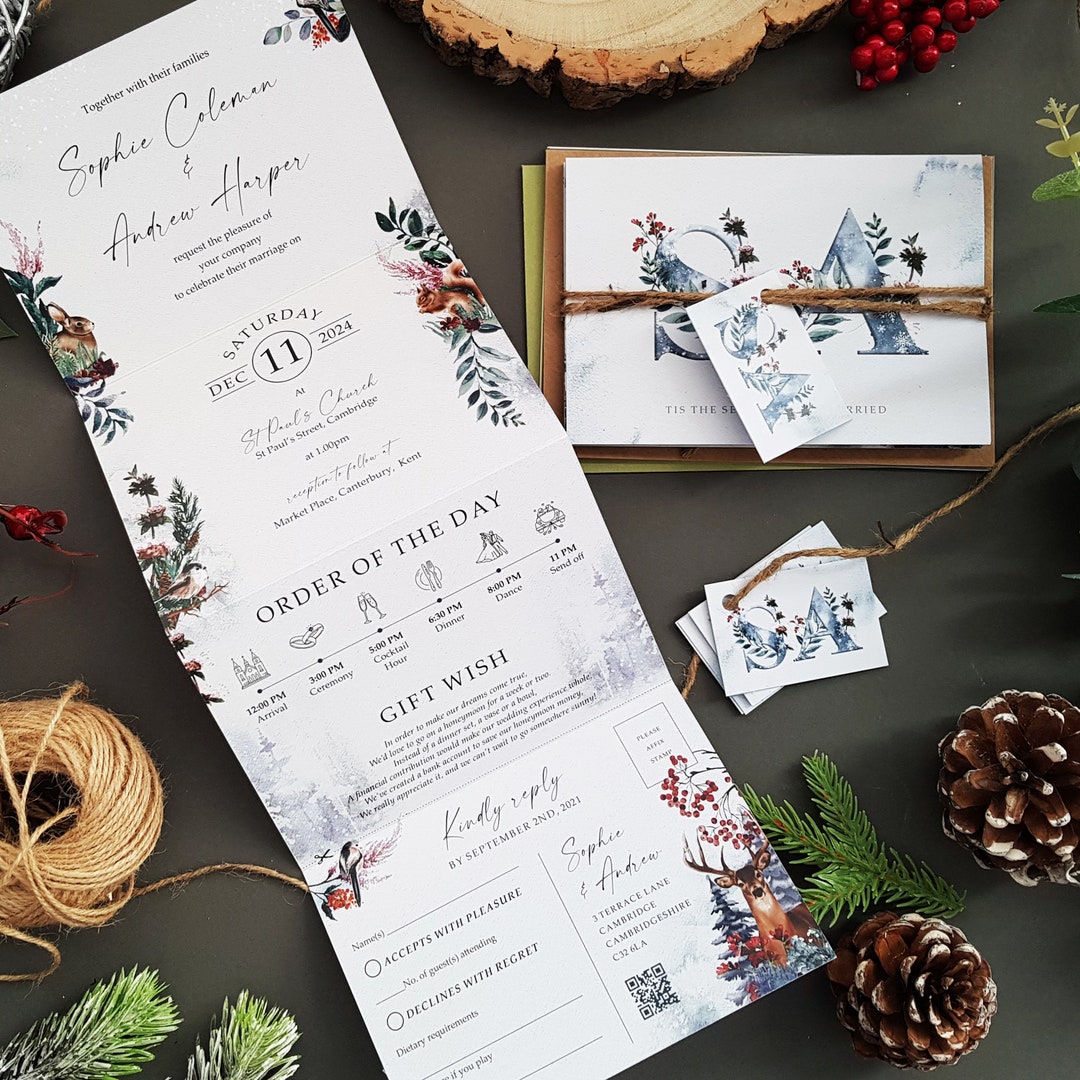 Winter Wedding Invitation Set Concertina Trifold Wedding Invites With ...