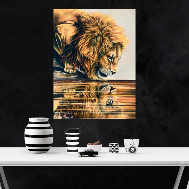 Lion Reflection Art Print: King of the Jungle Wildlife Drawing - Etsy