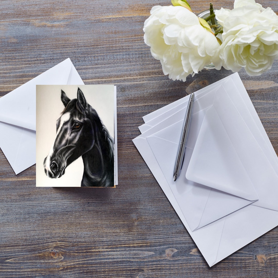BLACK HORSE CARD, Stallion Notelet, Horse Lover Card, Racehorse Drawing ...