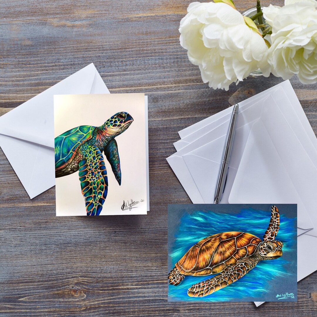 SEA TURTLE CARD, Ocean Wildlife, Blue Sea Life Drawing, Sea Animal Art ...