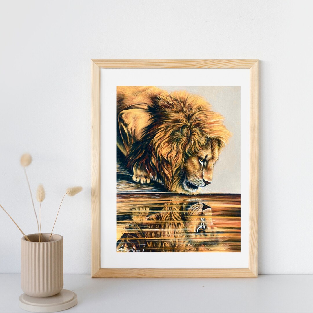Lion Reflection Art Print: King of the Jungle Wildlife Drawing - Etsy
