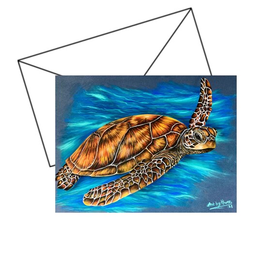 SEA TURTLE CARD Ocean Wildlife Blue Sea Life Drawing Sea | Etsy