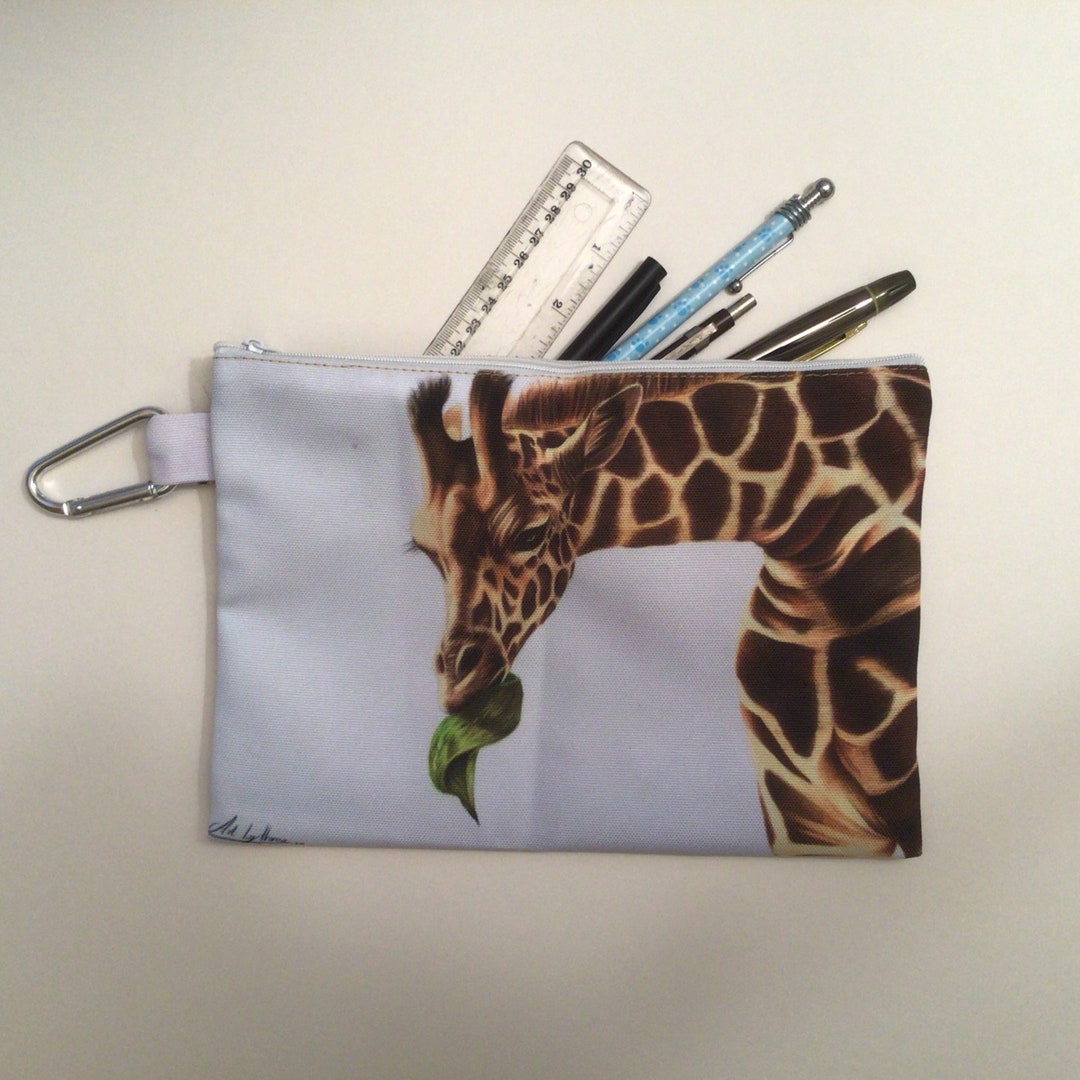 Giraffe Pencil Case: Animal Canvas Zipper Pouch With Carabiner - Etsy