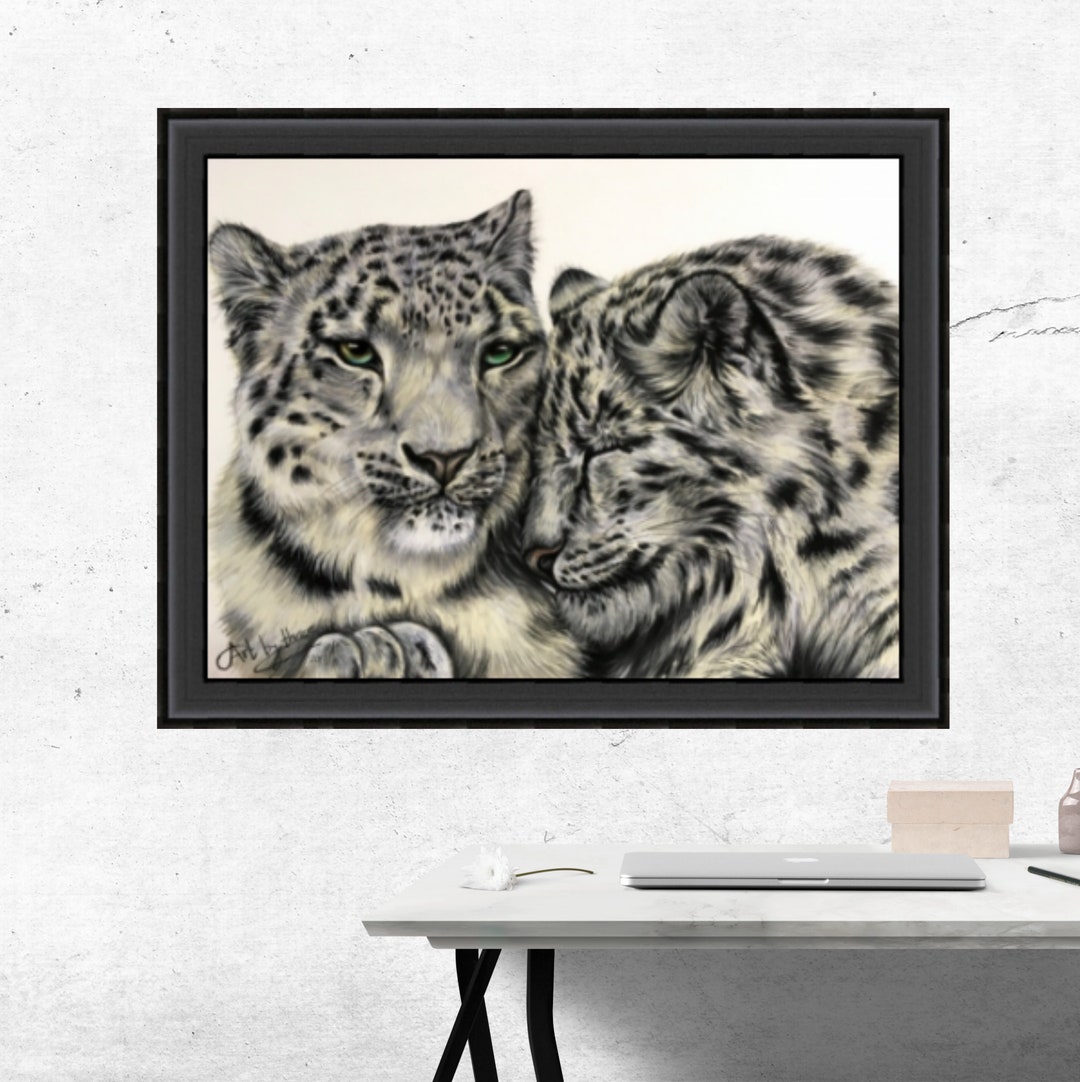 SNOW LEOPARDS PRINT, Art for Couples, Big Cat Lover Drawing, Leopards ...