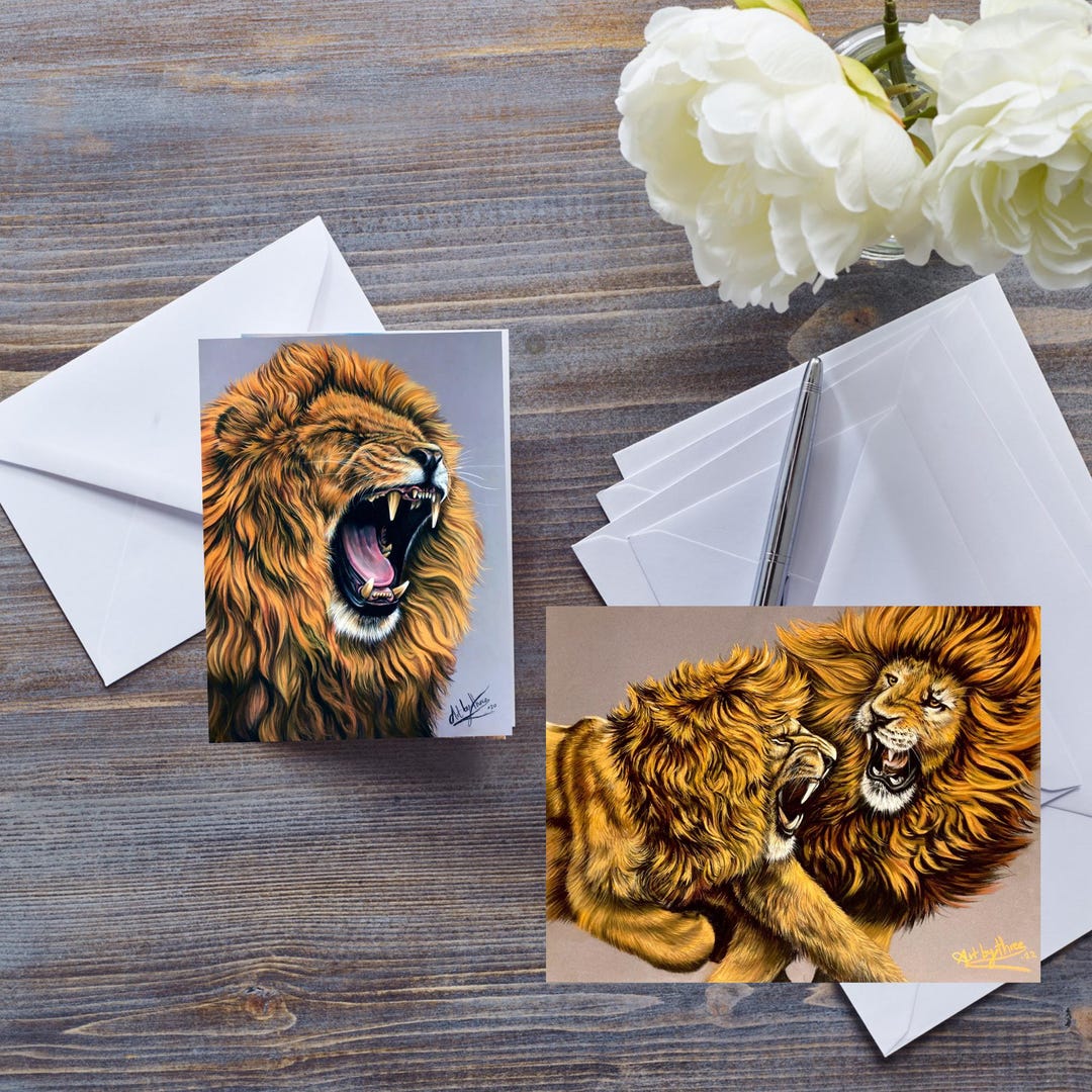 ROARING LIONS CARD, Safari Scene Art, Big Cat Card, Pair of Lions, Two ...