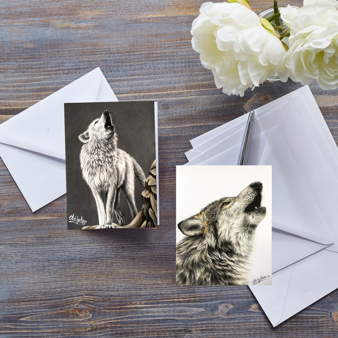 HOWLING ARCTIC WOLF Card for All Occasions, Wildlife Art Drawing, Card ...