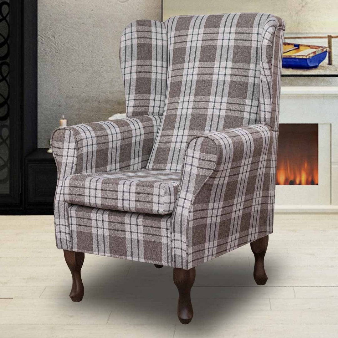 Brown Tartan Handmade Wingback Armchair Fireside Accent Upholstered Chair Kintyre Chestnut Plaid ...