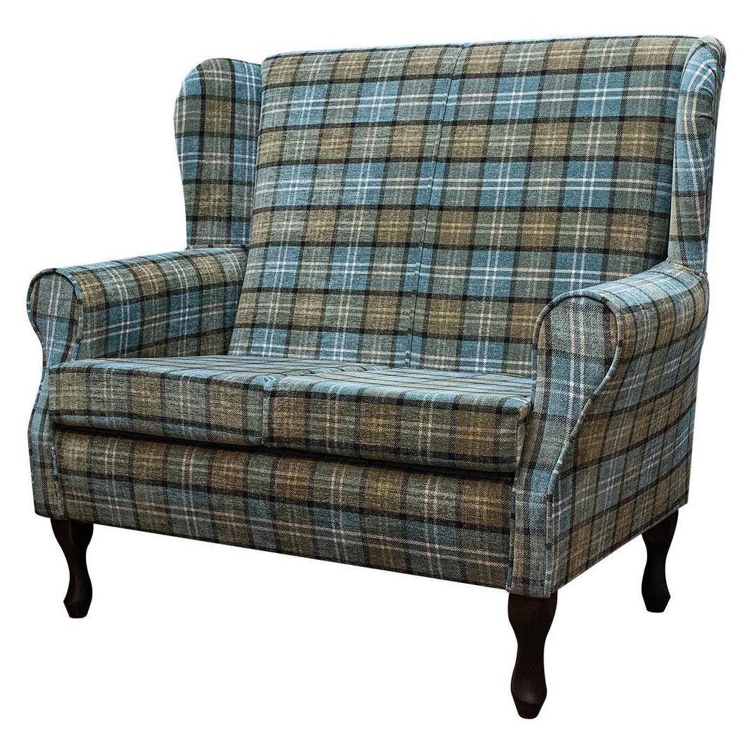LUXE Blue Tartan Wingback Sofa | 2 Seater Handmade | Lana Check Fabric ...