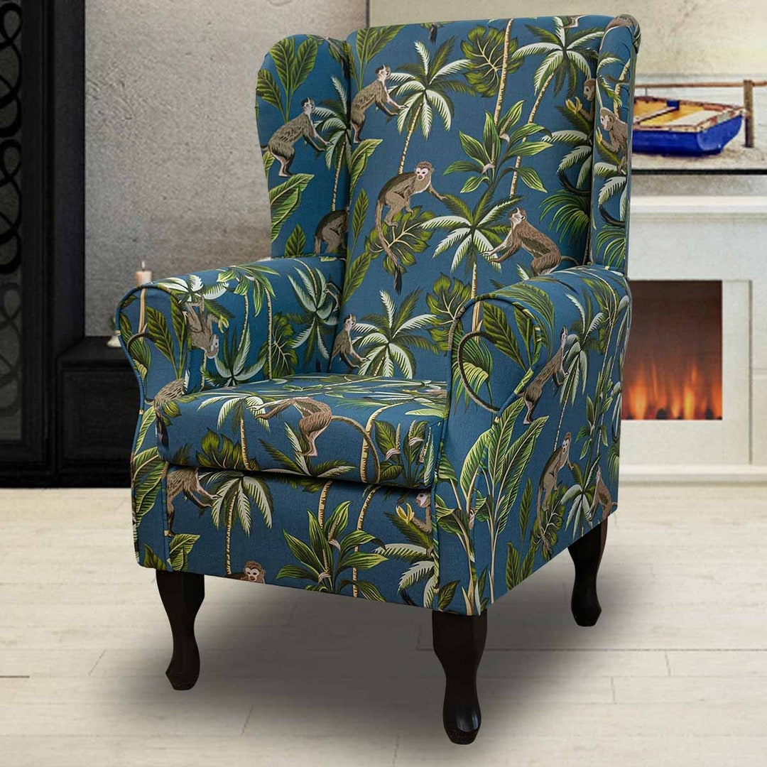 Teal Monkey Wingback Armchair | Tropical Botanical Jungle Chair ...