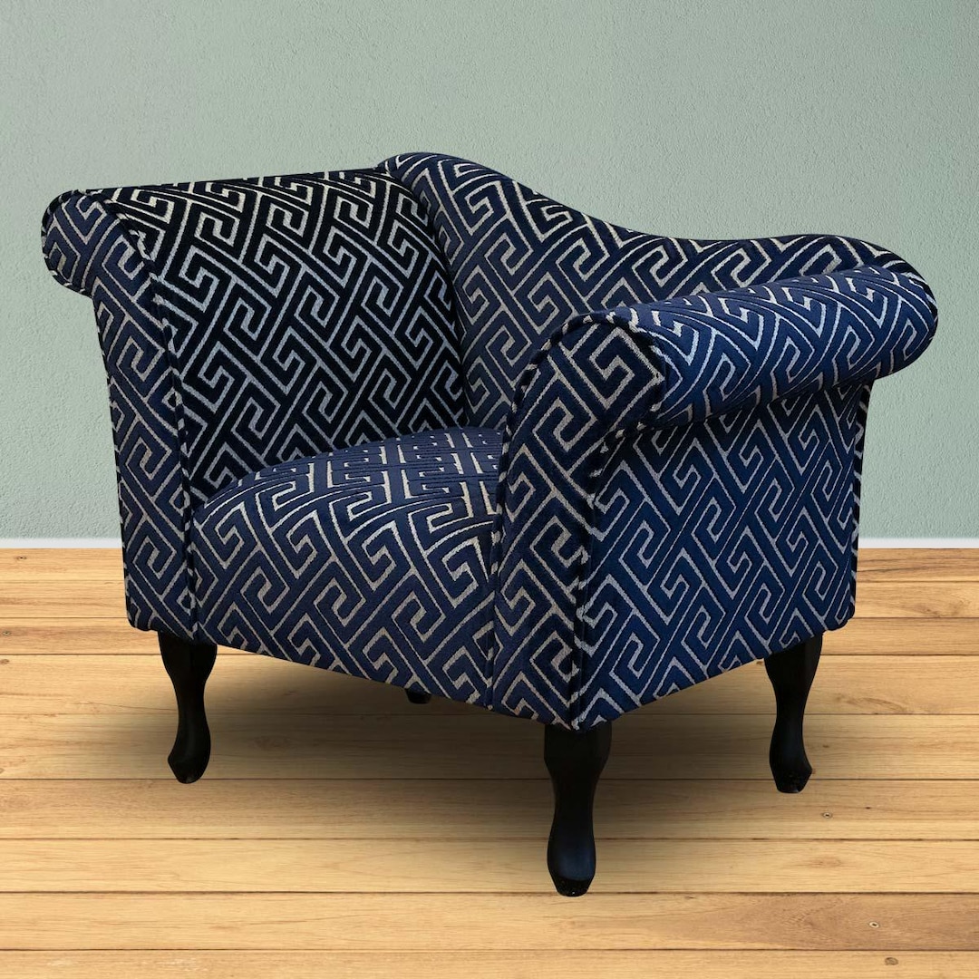 Navy Velvet Greek Key Chaise Chair | Geometric Accent Chair | Handmade ...