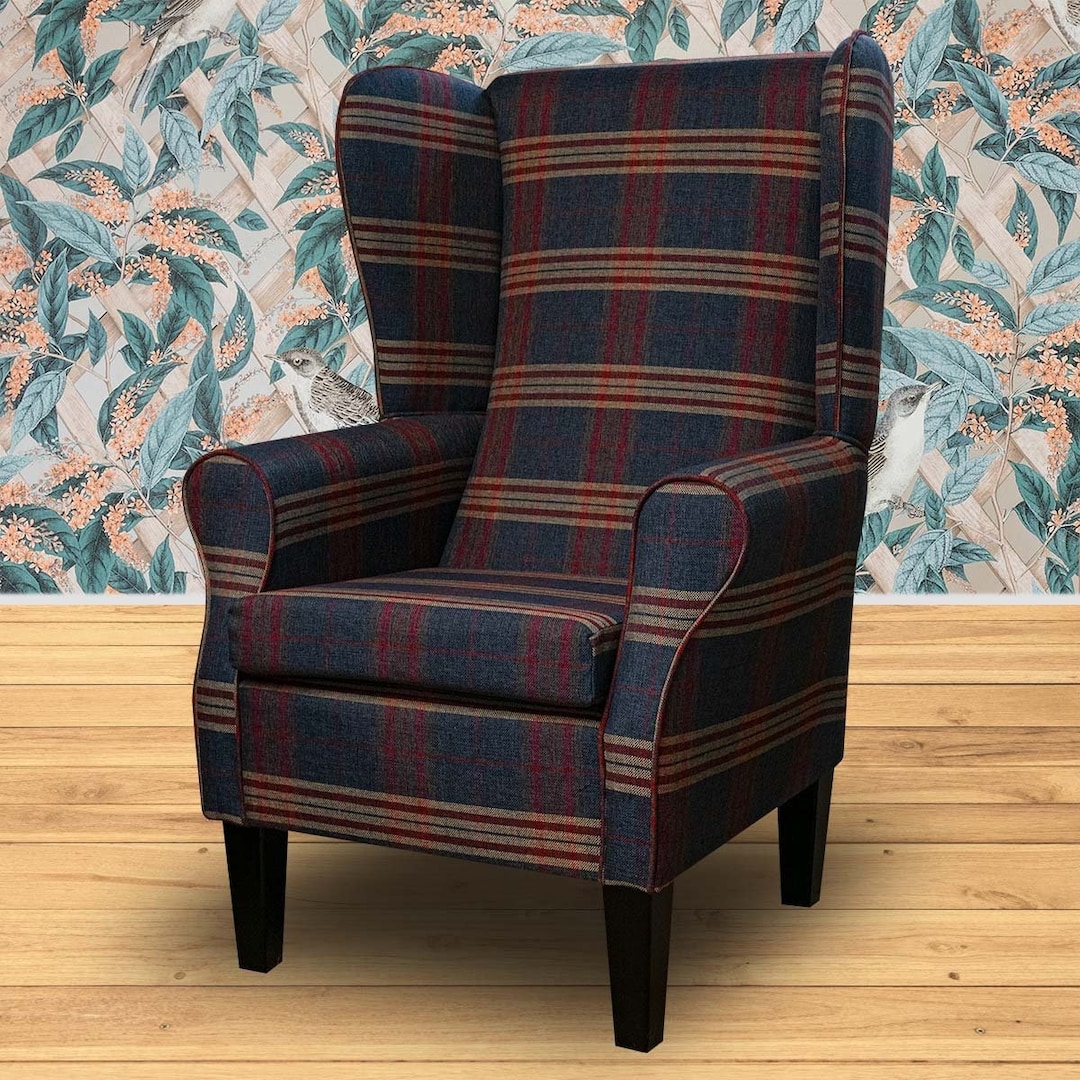Blue Tartan Check High Back Armchair Handmade Fireside - Etsy UK