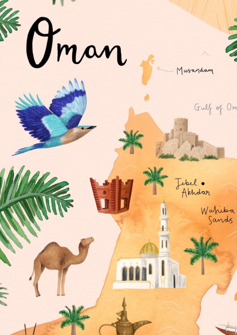 Oman Illustrated Map Fine Art Giclee Print Oman Middle | Etsy
