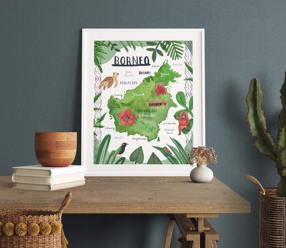 Borneo Map Illustration Illustrated Map of Borneo Indonesia - Etsy
