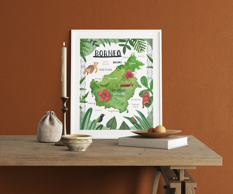 Borneo Map Illustration Illustrated Map of Borneo Indonesia - Etsy
