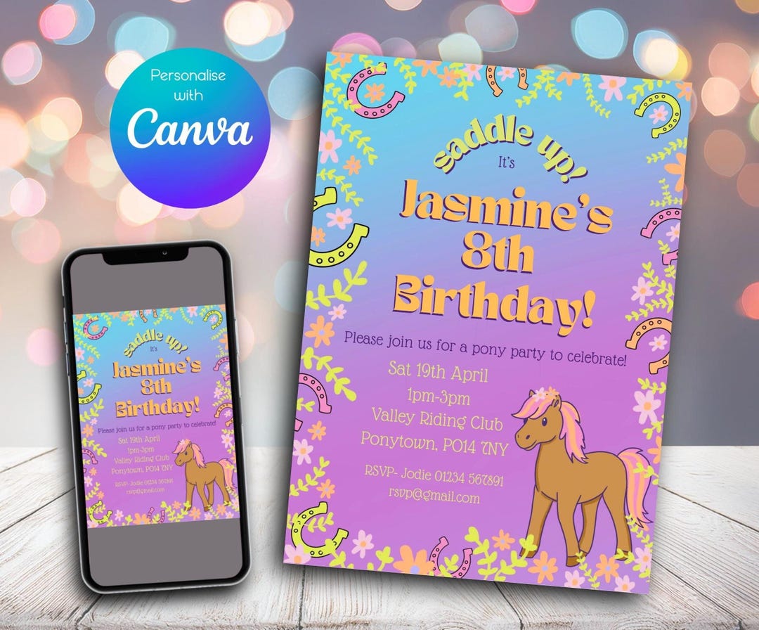 Editable Cute Pony Party Invitation, Horse Riding Party Invite, Cute ...