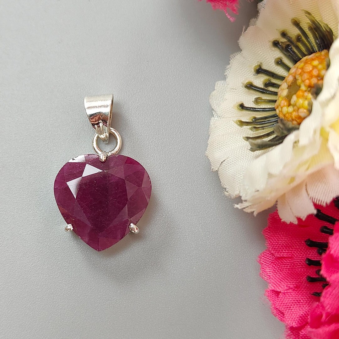 Natural Ruby Heart Silver Faceted Cut Pendant: 4.90gm Natural Untreated ...
