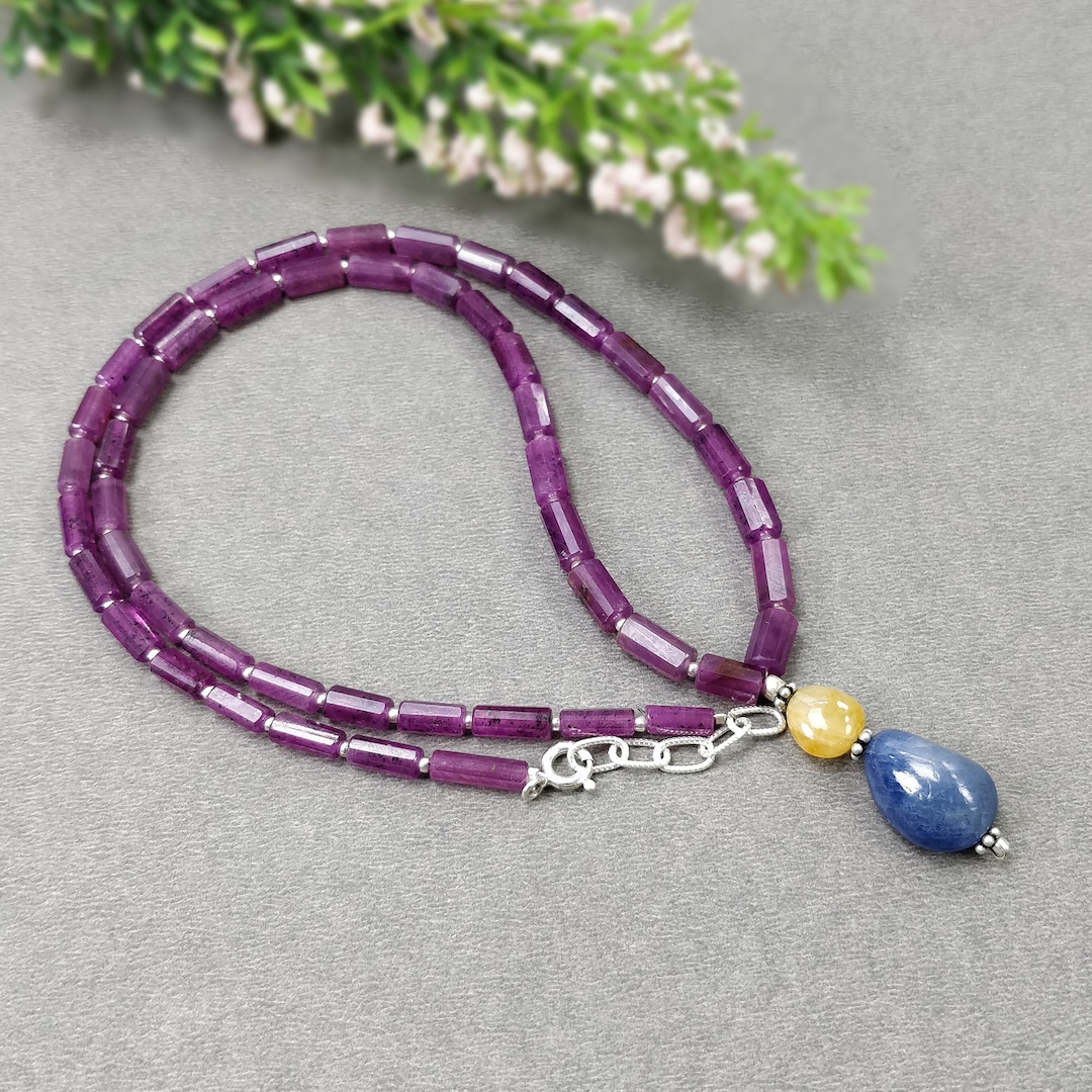 Raspberry Ruby Gemstone Fancy Cut Beads Necklace: 23.28gms Natural Blue ...