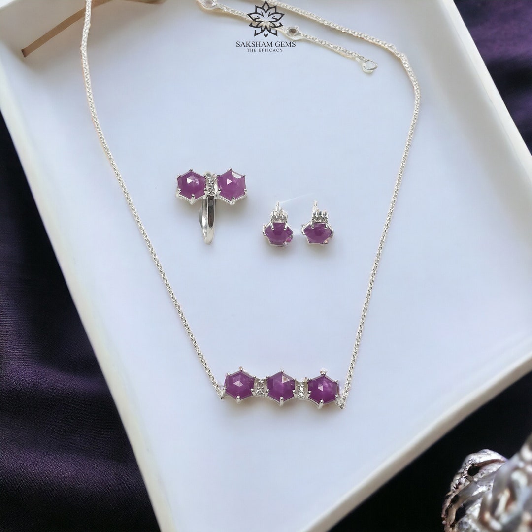 Raspberry Ruby Gemstone Jewelry Set : 9.50gms 925 Sterling Silver ...