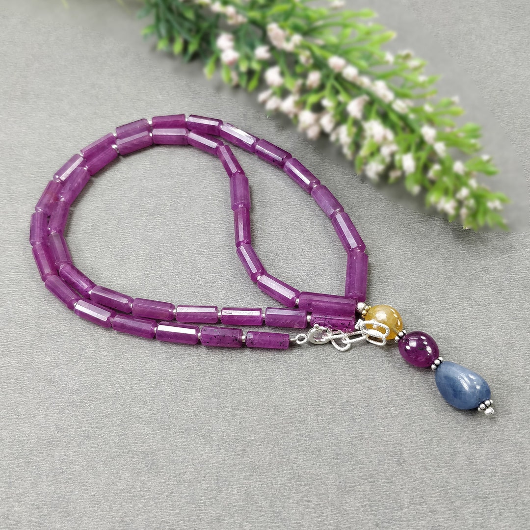 Raspberry Ruby Gemstone Fancy Cut Beads Necklace: 28.81gms Natural Blue ...