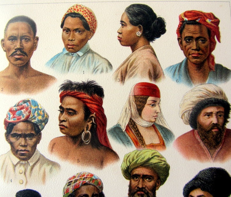1904 Antique Asian NATIVE PEOPLE PRINT Engraving, Faces Human Races ...