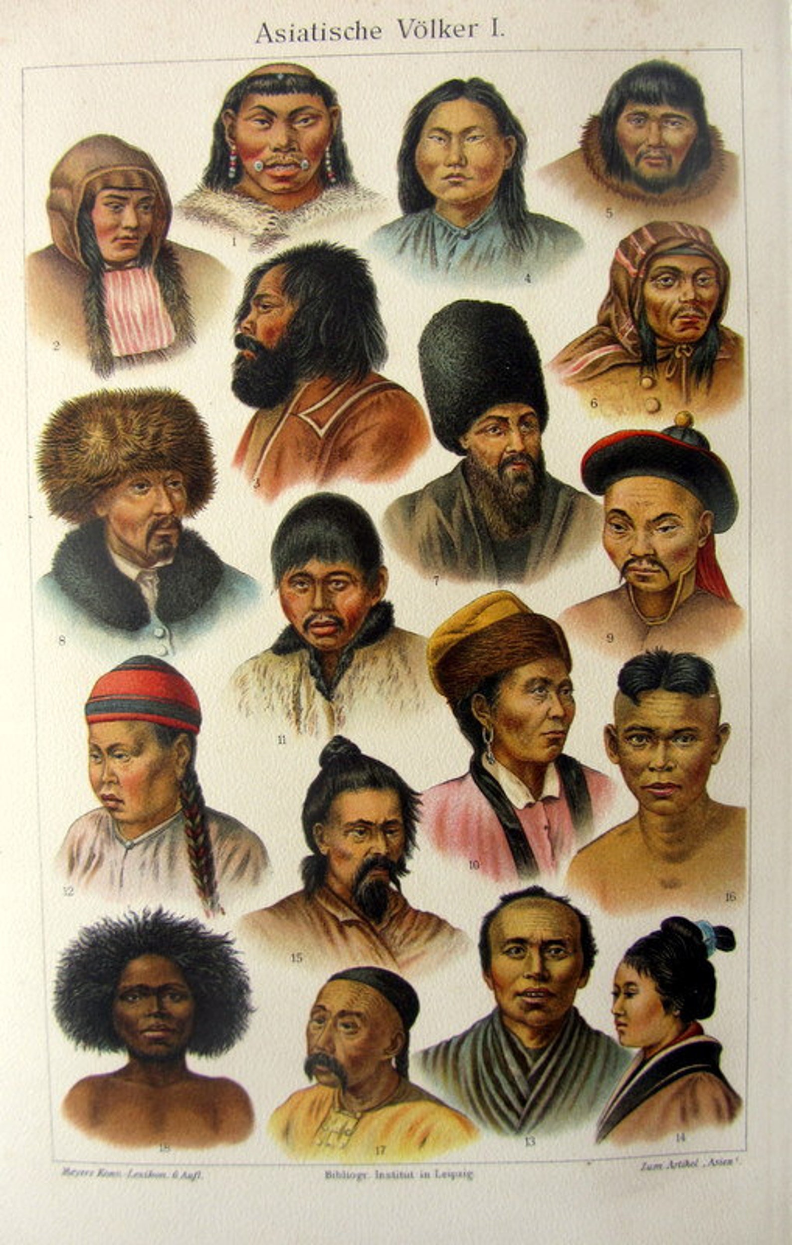 1904 Antique Asian NATIVE PEOPLE Color Lithograph Engraving, Faces ...