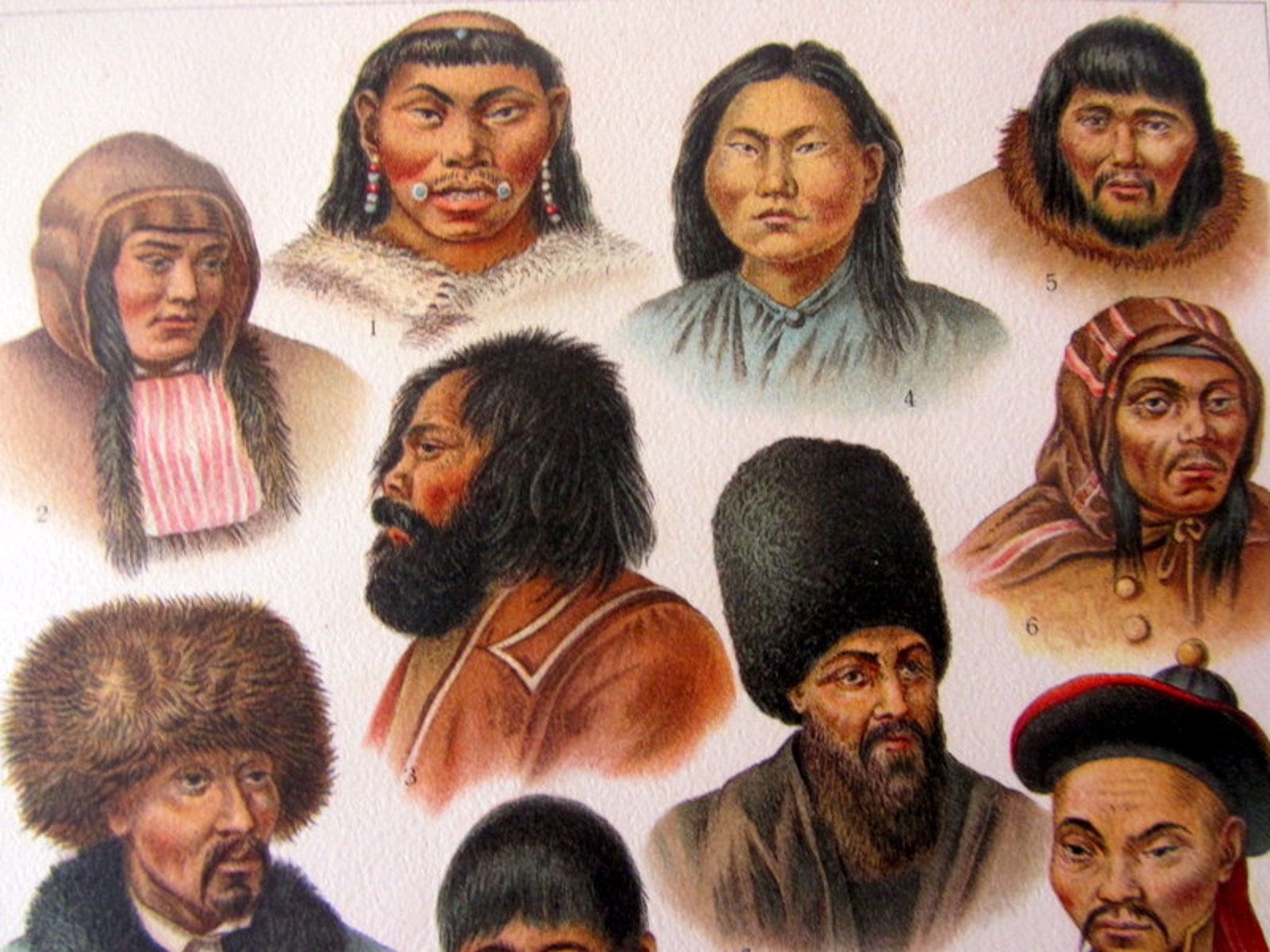 1904 Antique Asian NATIVE PEOPLE Color Lithograph Engraving, Faces ...