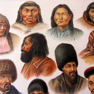 1904 Antique Asian NATIVE PEOPLE Color Lithograph Engraving, Faces ...