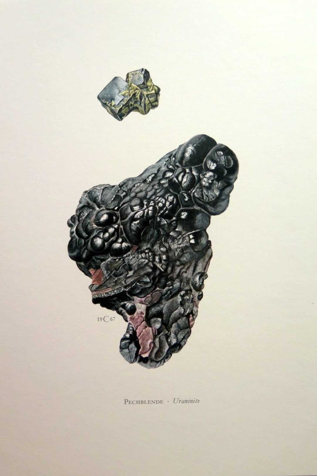 1967 Antique RADIACTIVE MINERAL Lithograph, Vintage URANINITE Color ...
