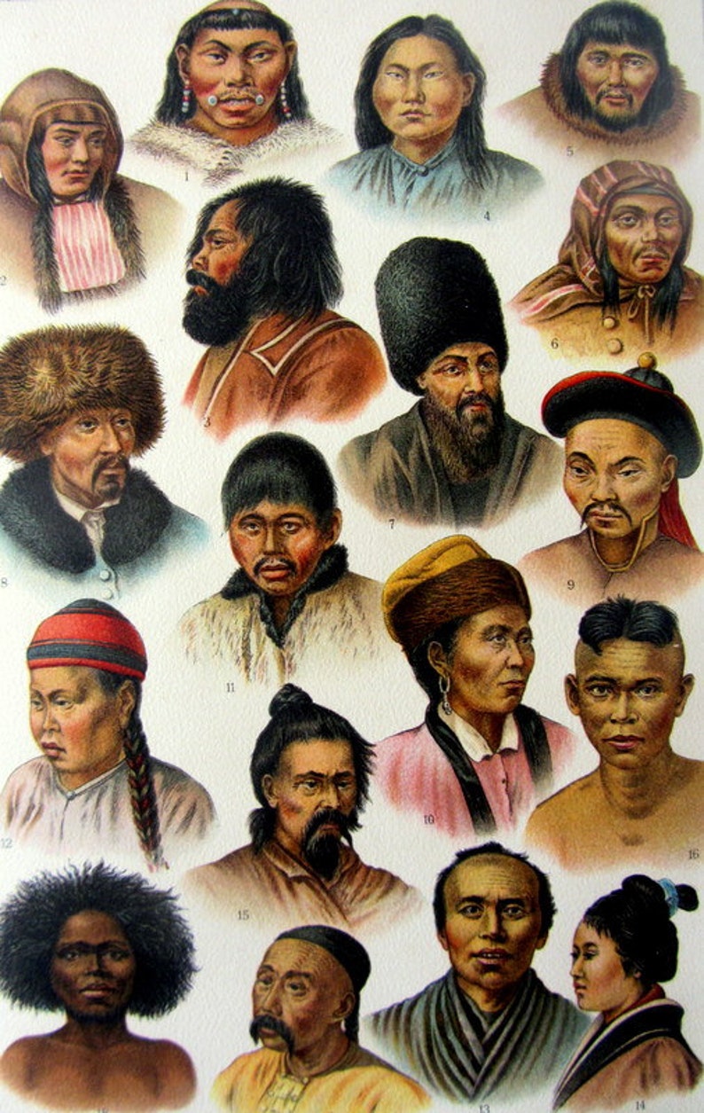1904 Antique Asian NATIVE PEOPLE Color Lithograph Engraving, Faces ...