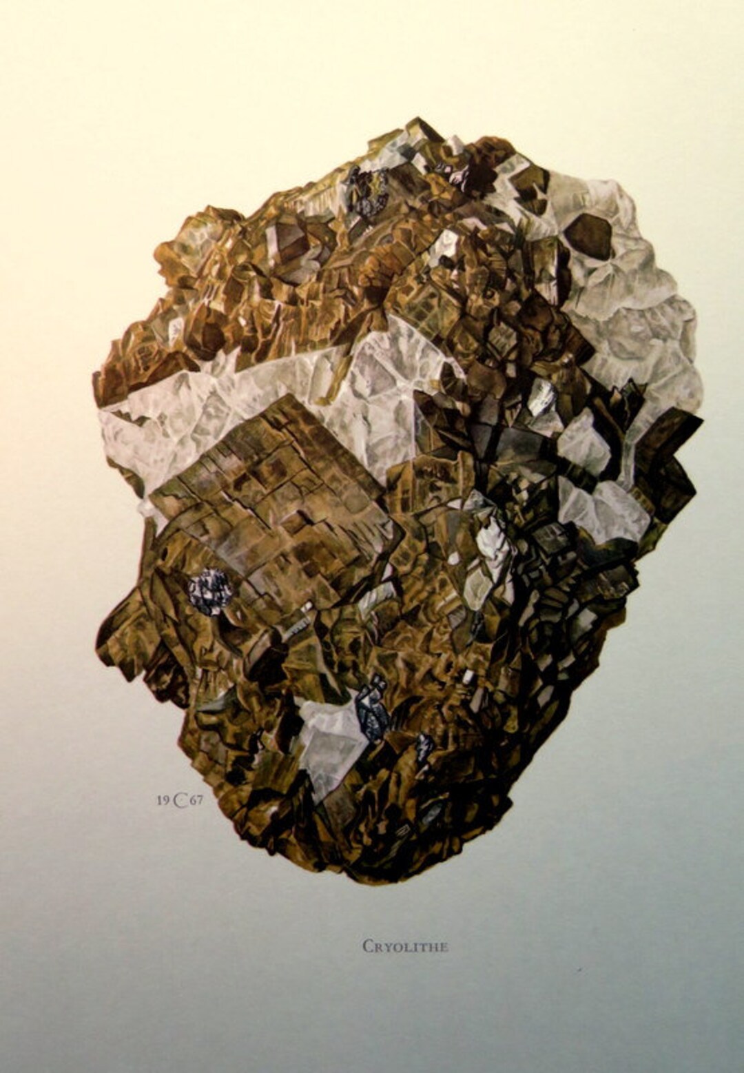 Antique Color Print of CRYOLITE, Vintage Curiosity MINERAL Engraving ...